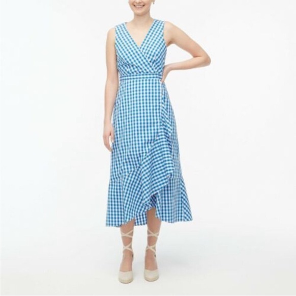 J. Crew | Dresses | J Crew Vneck Gingham Ruffle Faux Wrap Style Dress ...